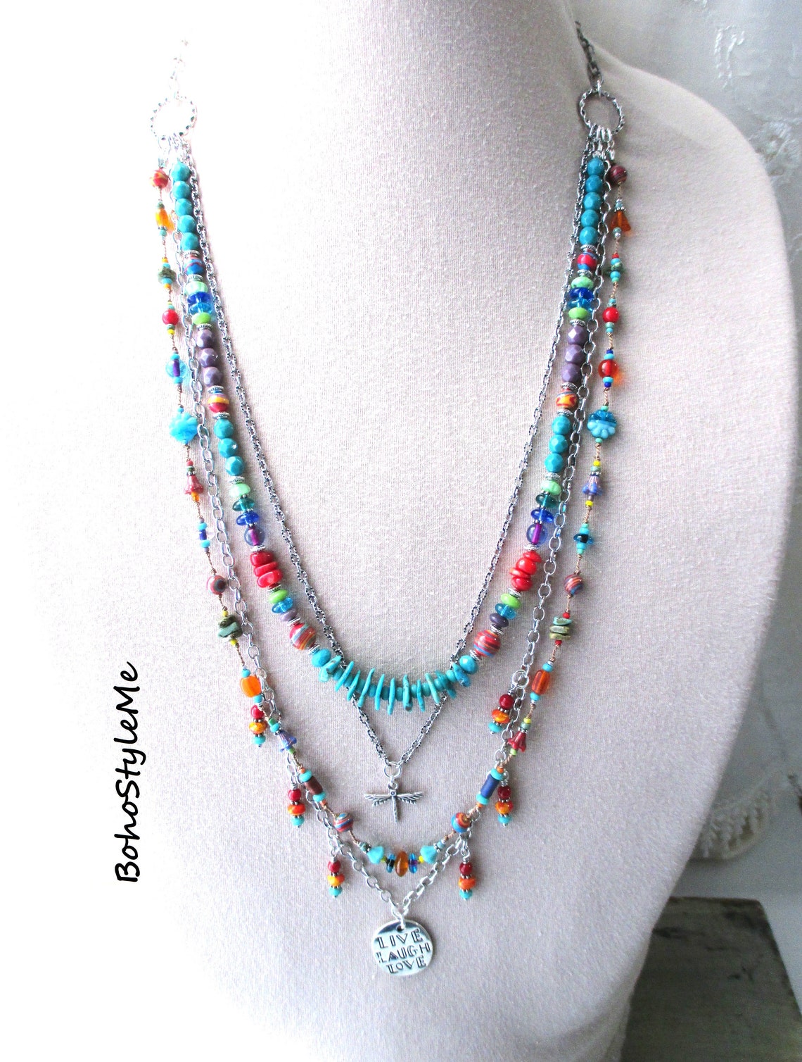 Live Love Laugh Boho Style Me Colorful Boho Beaded Layer Necklace