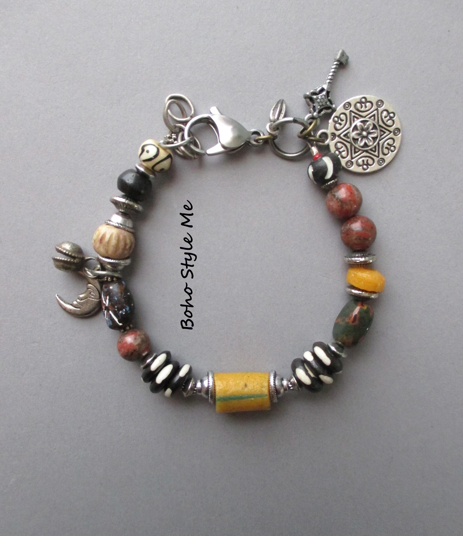 Handmade Boho Bracelet: Rustic Stone & Antique Silver Beads - Etsy