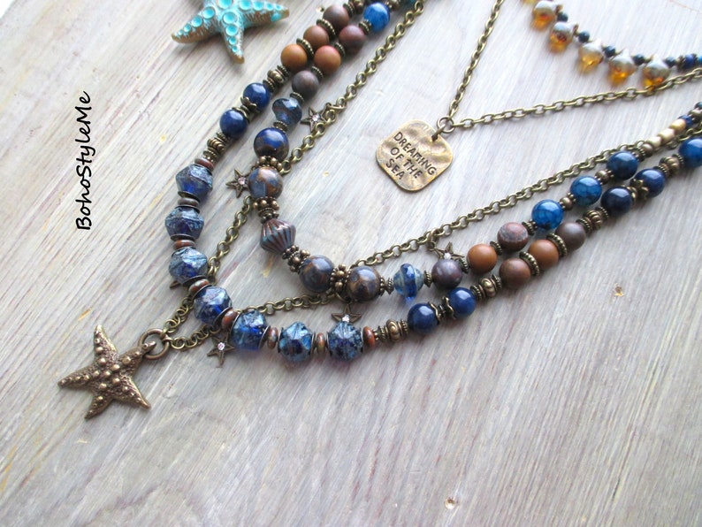 Starfish Sea Star, Boho Style Me Dark Blue Beaded Layering Necklace ...
