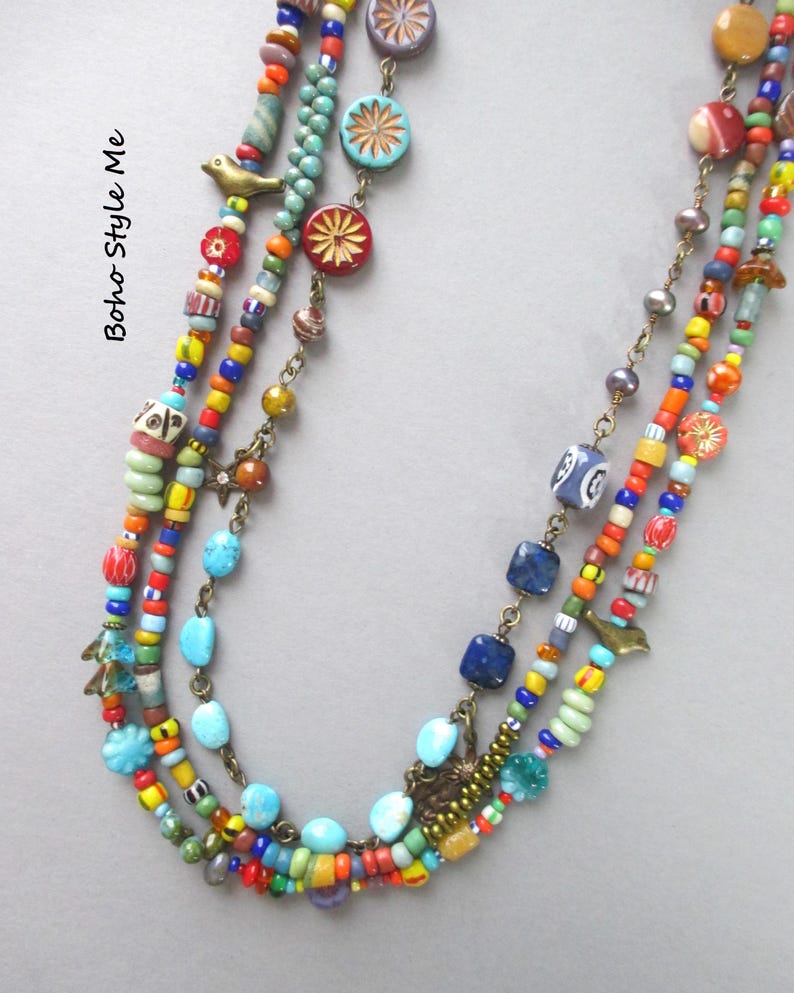 Boho Colorful Handmade Necklace, Beaded Artisan Necklace, Mixed Colors ...