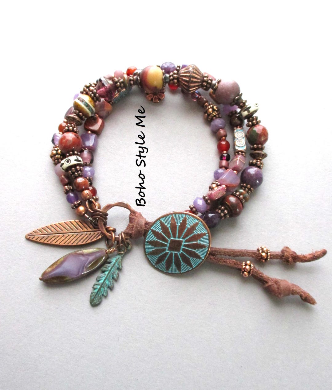 Gemstone Antique Copper Button Bracelet, Rustic Boho Beaded Jewelry - Etsy