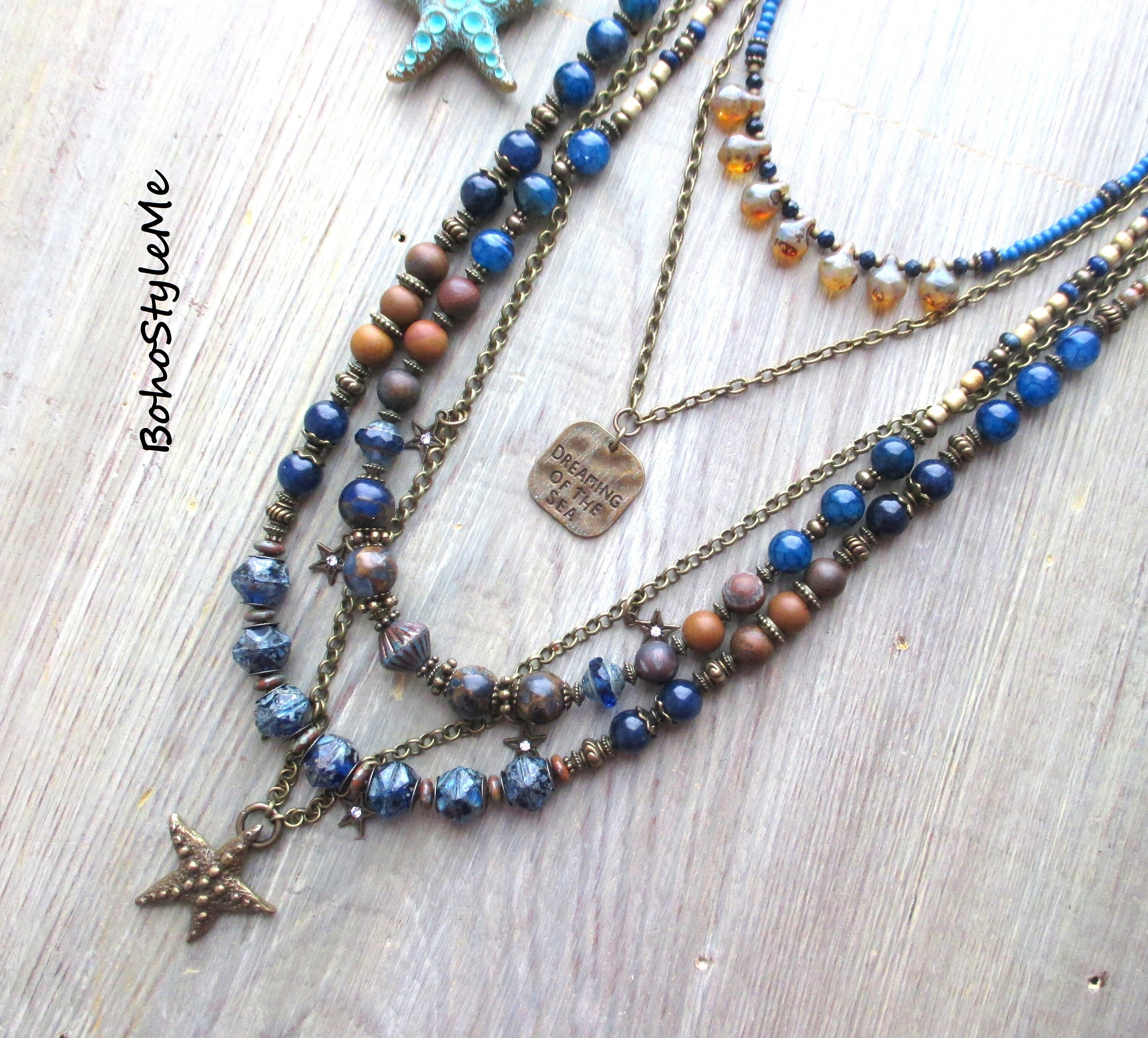 Starfish Sea Star, Boho Style Me Dark Blue Beaded Layering Necklace ...