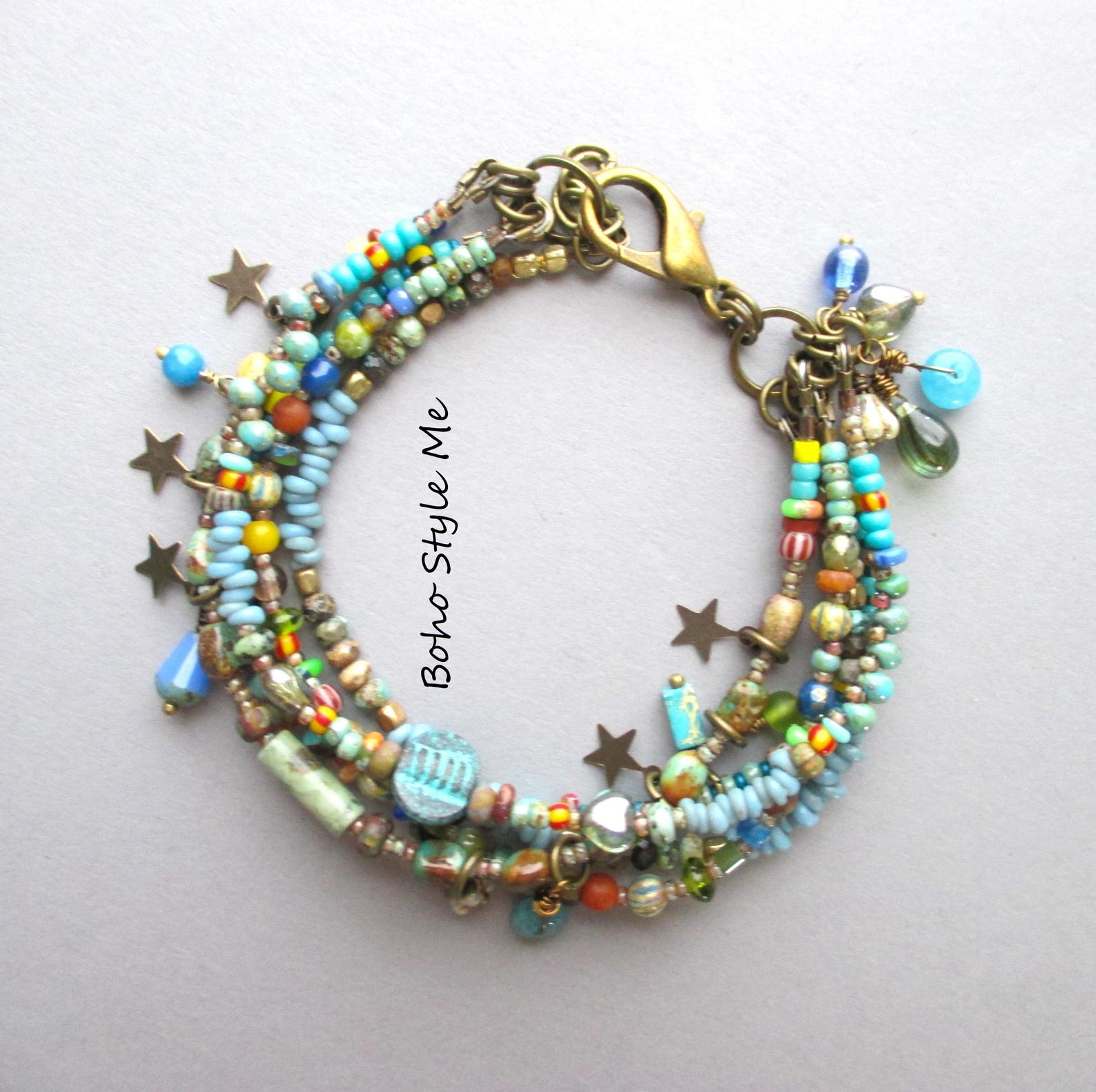 Boho Layer Bracelet: Turquoise, Mala & Java Beads, Antiqued Brass, Boho ...