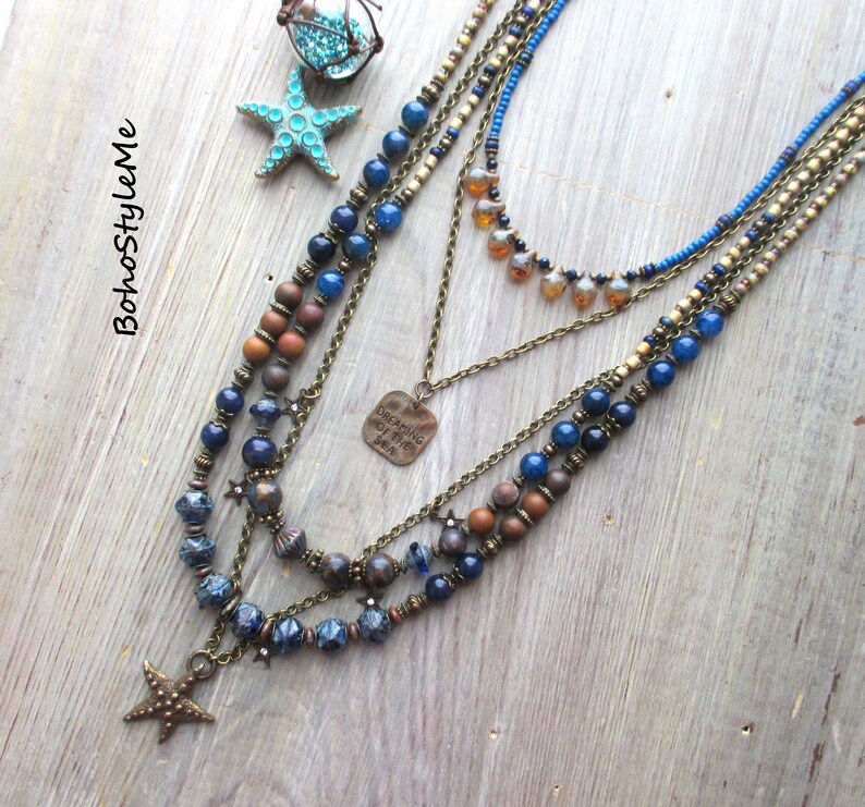 Starfish Sea Star, Boho Style Me Dark Blue Beaded Layering Necklace ...