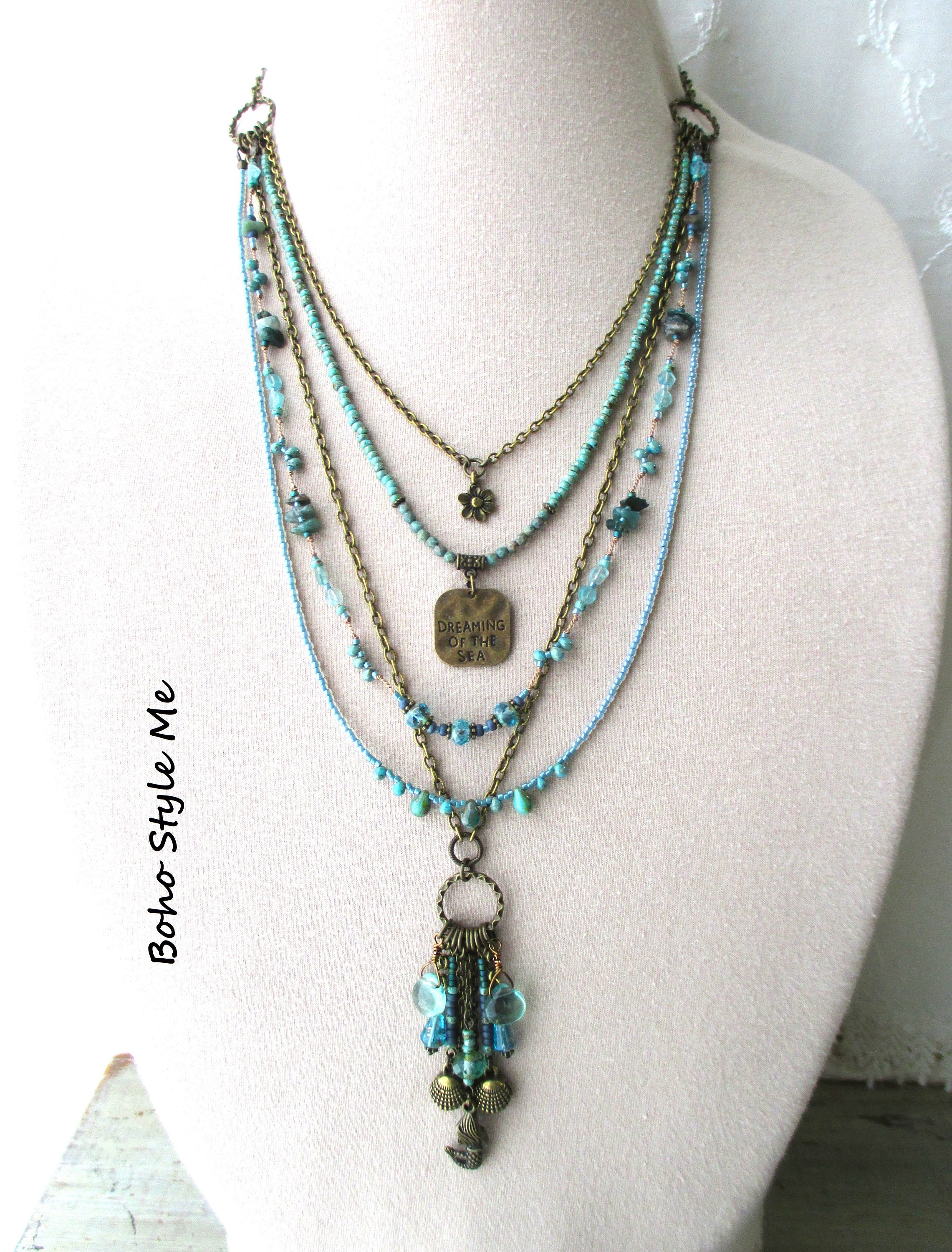 Mermaid Cove, Boho Style Me, Aqua Blue Beaded Layer Necklace, Handmade ...