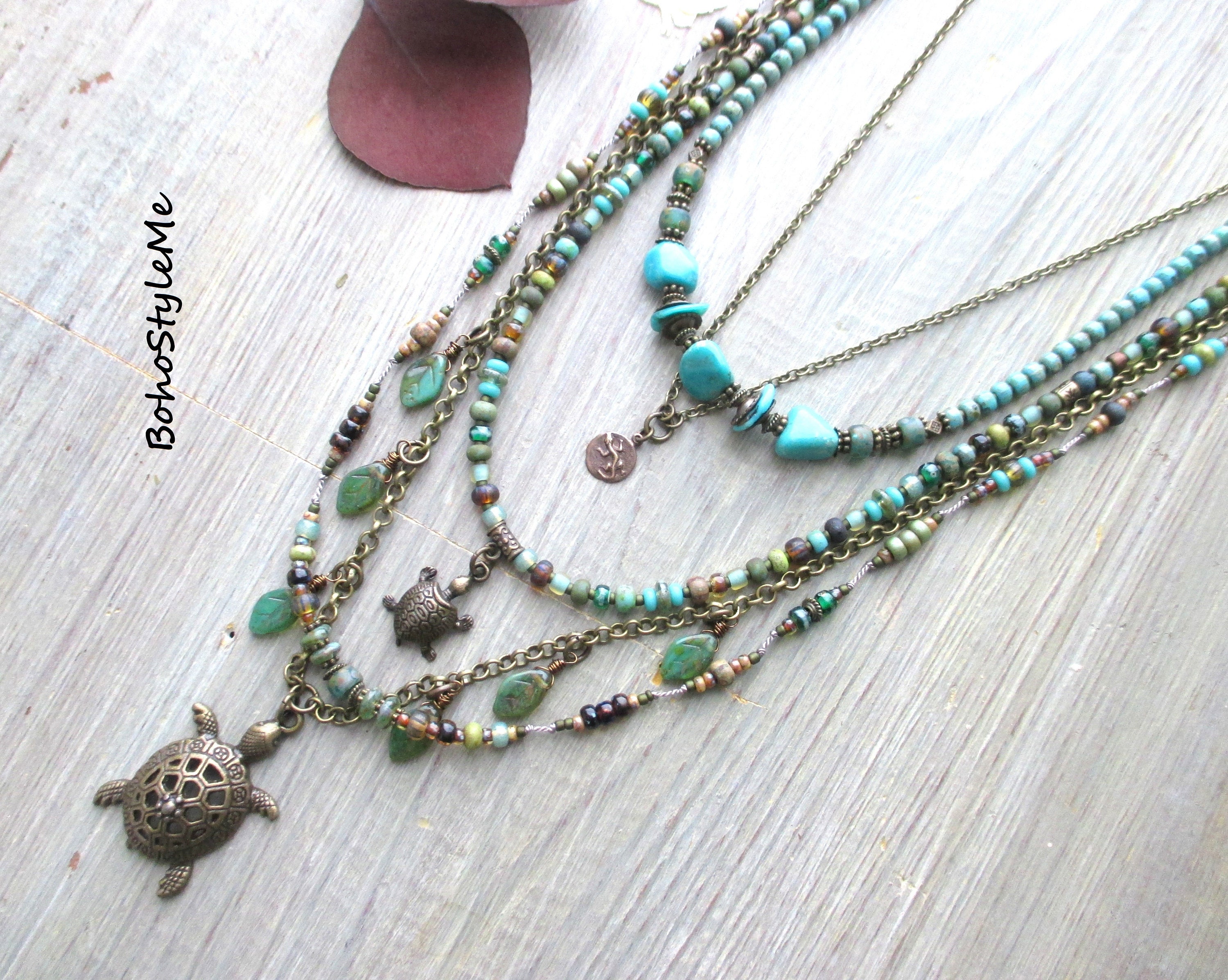 Sea Turtle Beach Boho Style Me Blue Green Beaded Handmade Layering