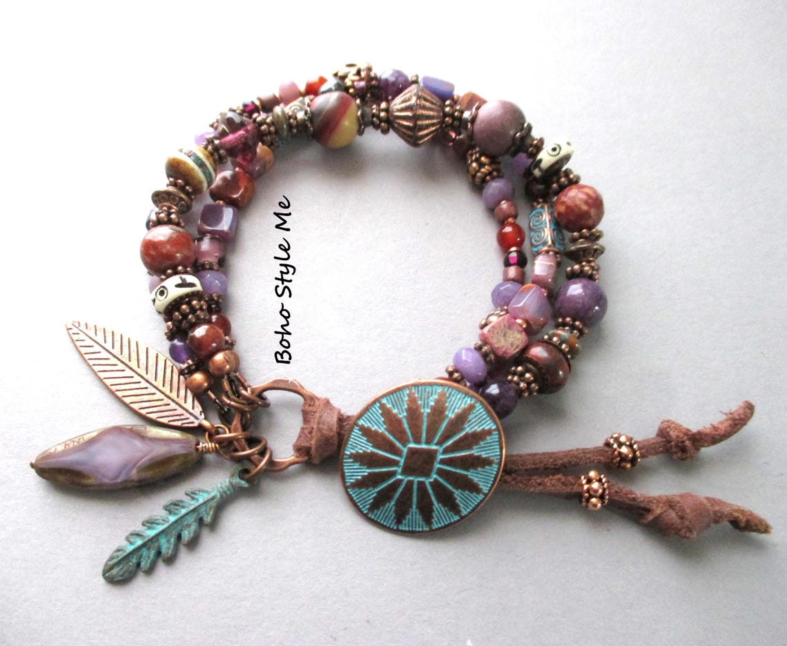 Gemstone Antique Copper Button Bracelet, Rustic Boho Beaded Jewelry - Etsy
