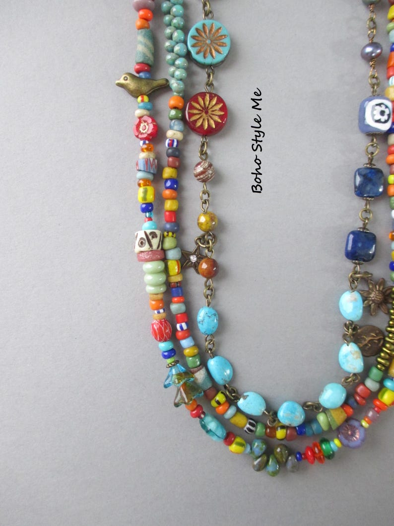 Boho Colorful Handmade Necklace, Beaded Artisan Necklace, Mixed Colors ...