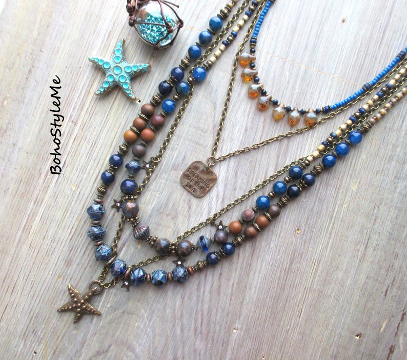 Starfish Sea Star, Boho Style Me Dark Blue Beaded Layering Necklace, Bohostyleme, Wish Apon A ...