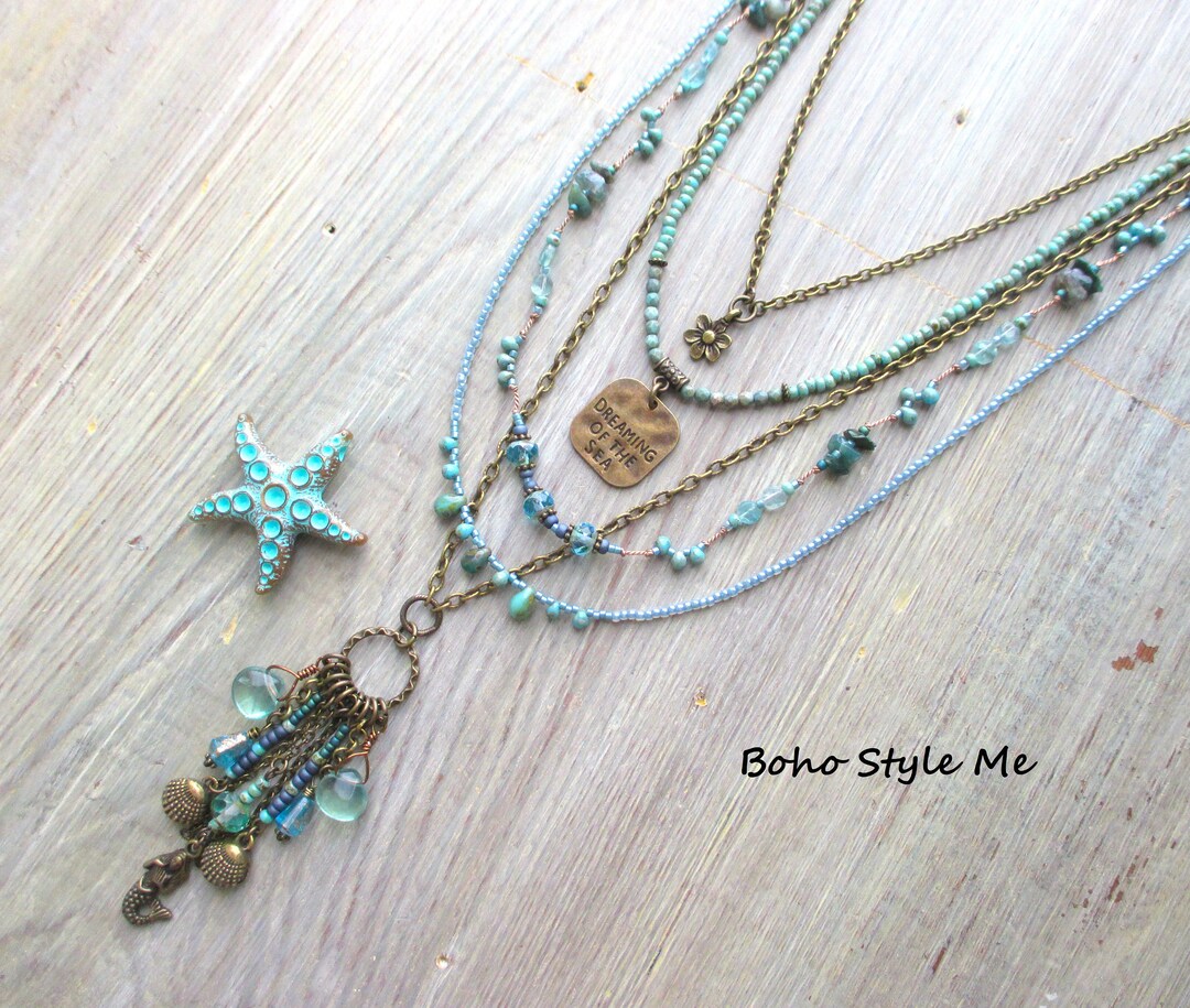 Mermaid Cove, Boho Style Me, Aqua Blue Beaded Layer Necklace, Handmade ...