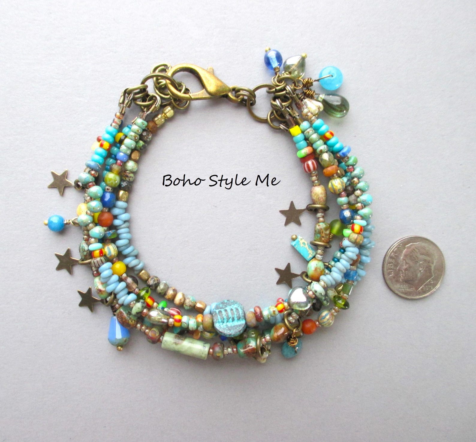 Boho Layer Bracelet: Turquoise, Mala & Java Beads, Antiqued Brass, Boho ...