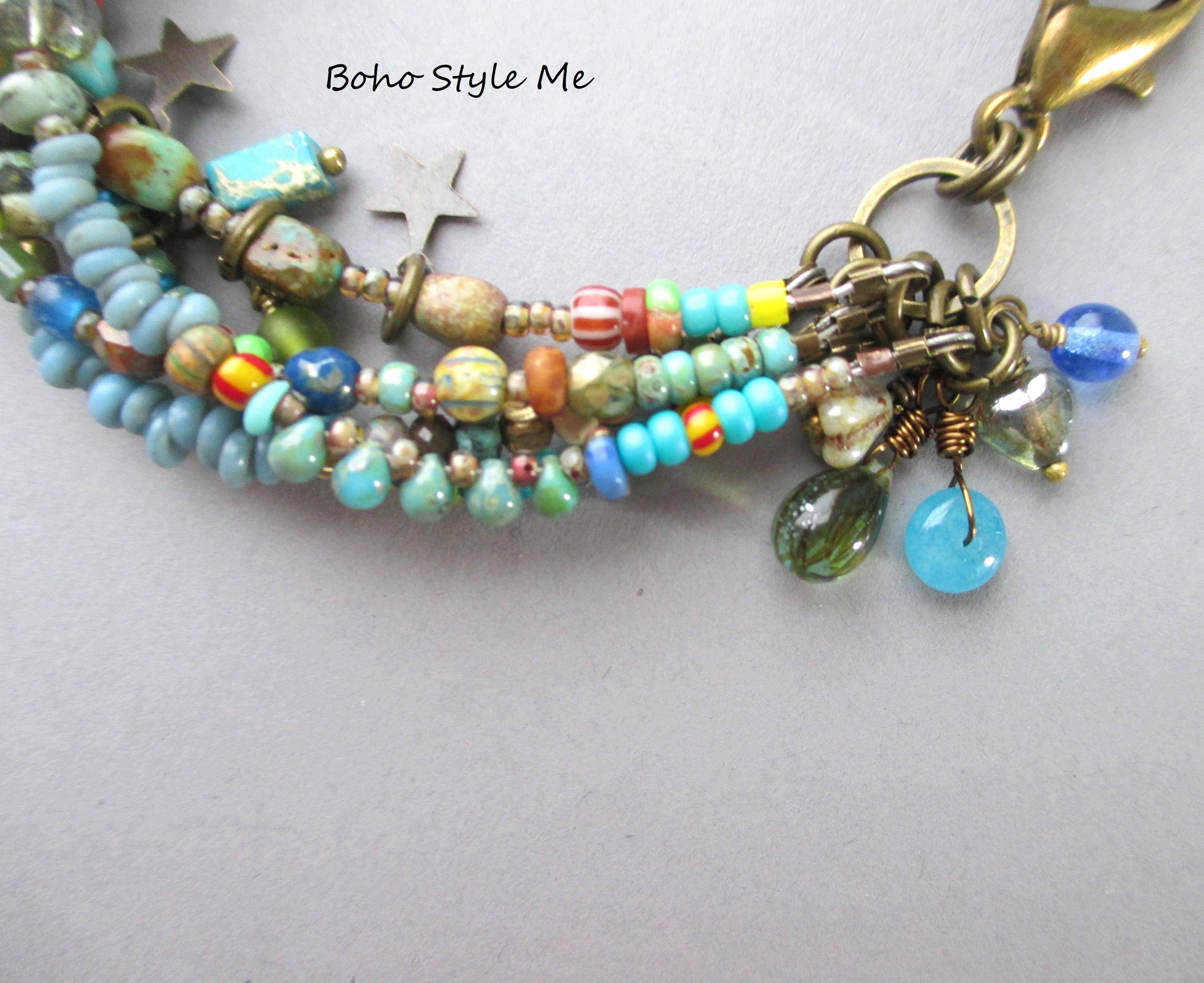 Boho Layer Bracelet: Turquoise, Mala & Java Beads, Antiqued Brass, Boho ...