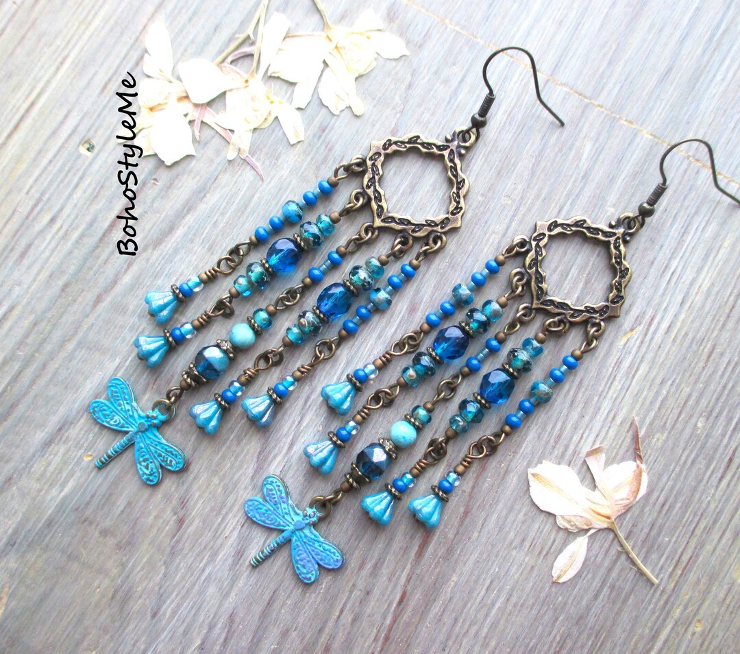 Indigo River, Boho Style Me Long Blue Beaded Dragonfly Earrings, Bohemian Jewelry, Bohostyleme ...