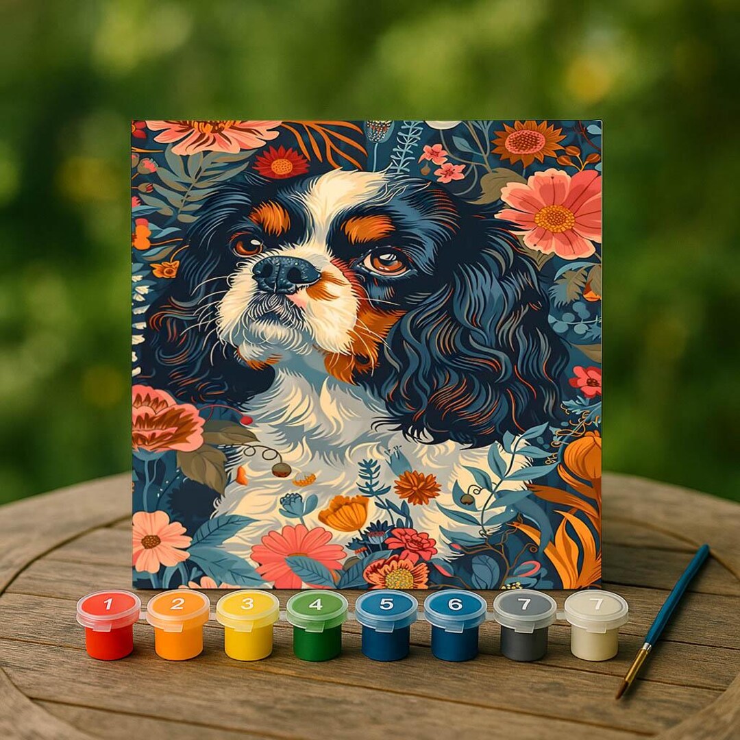 Cavalier King Charles Paint by Numbers Kit, Floral Dog Portrait Canvas ...