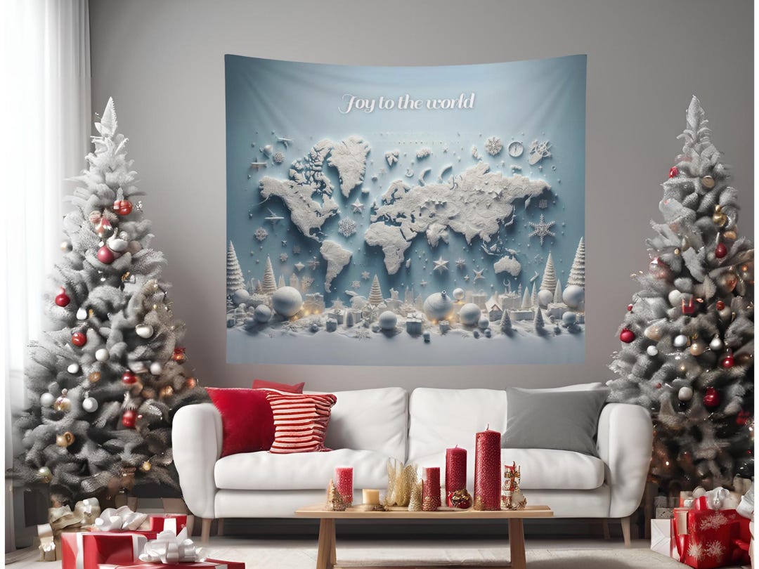 Winter Wonderland World Map Tapestry Customizable Holiday Decor With ...