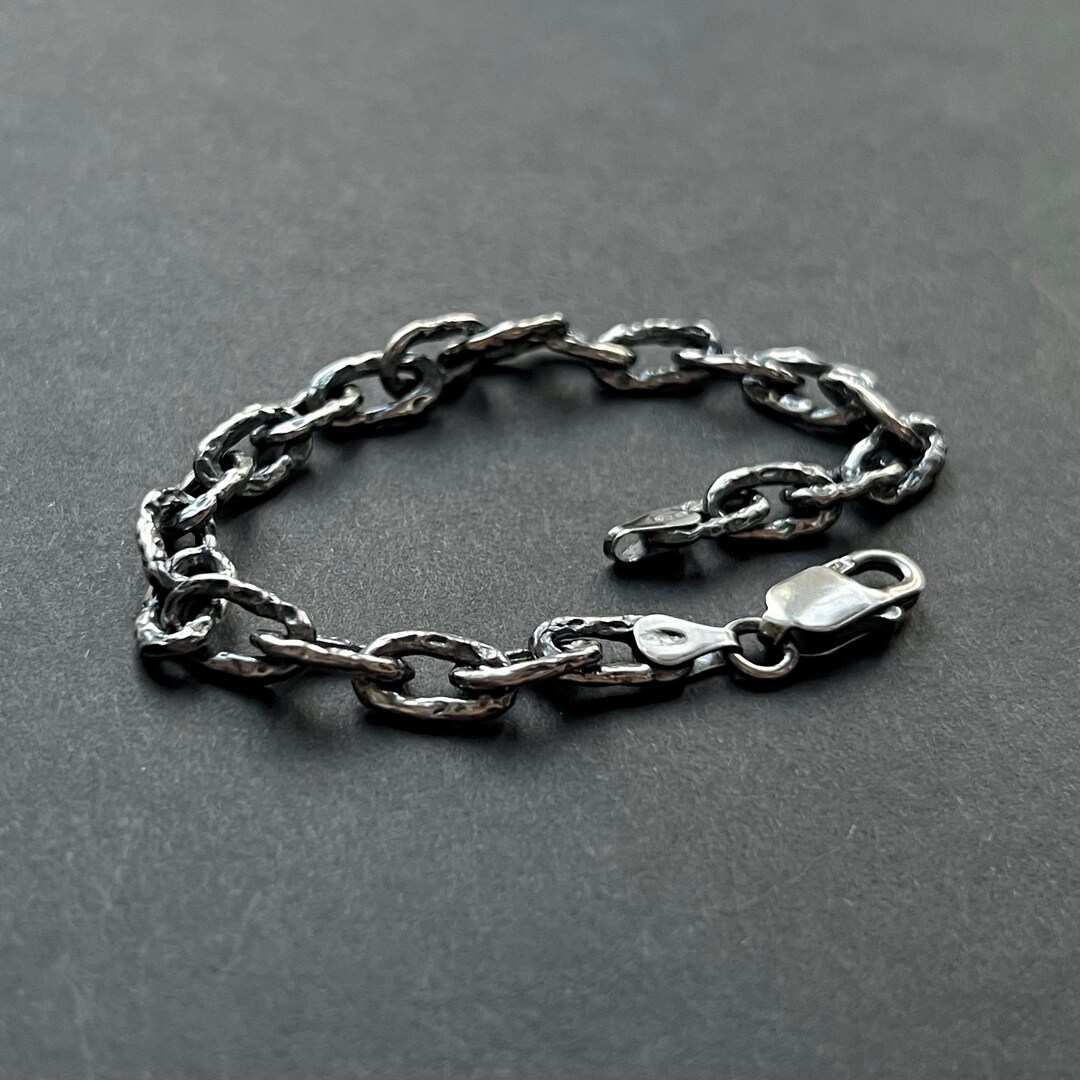 Hand Forged Sterling Silver Chain Bracelet: Textured Silver 925 ...