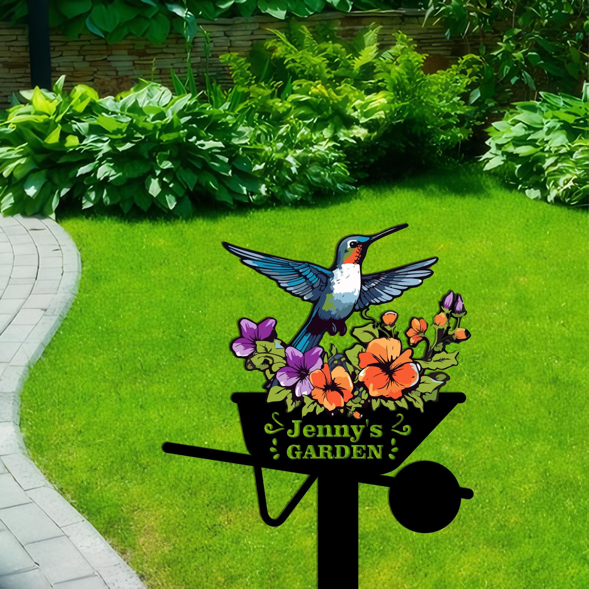Personalized Hummingbird Metal Garden Sign, Bird With Stakes Garden ...