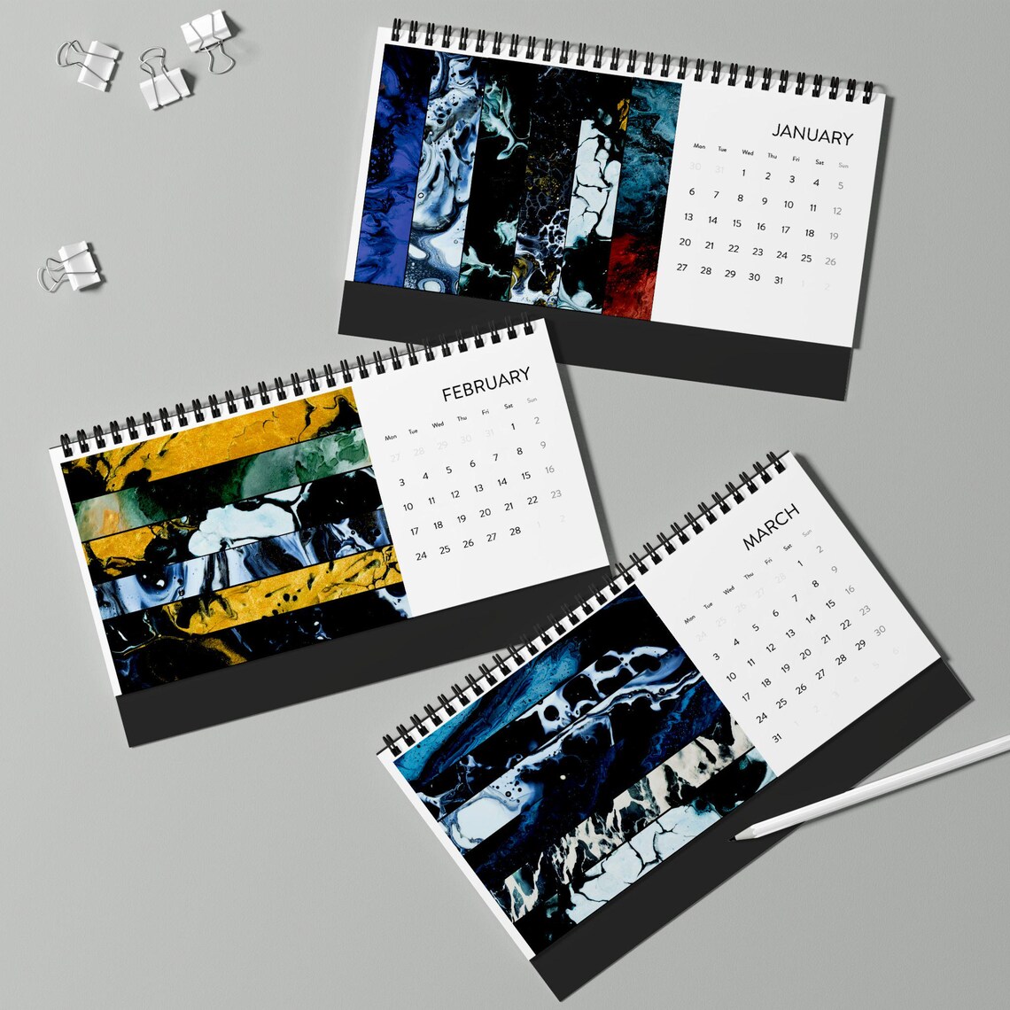 Artistic Desk Calendar 2025 Grid With Unique Collage Art for Each Month ...