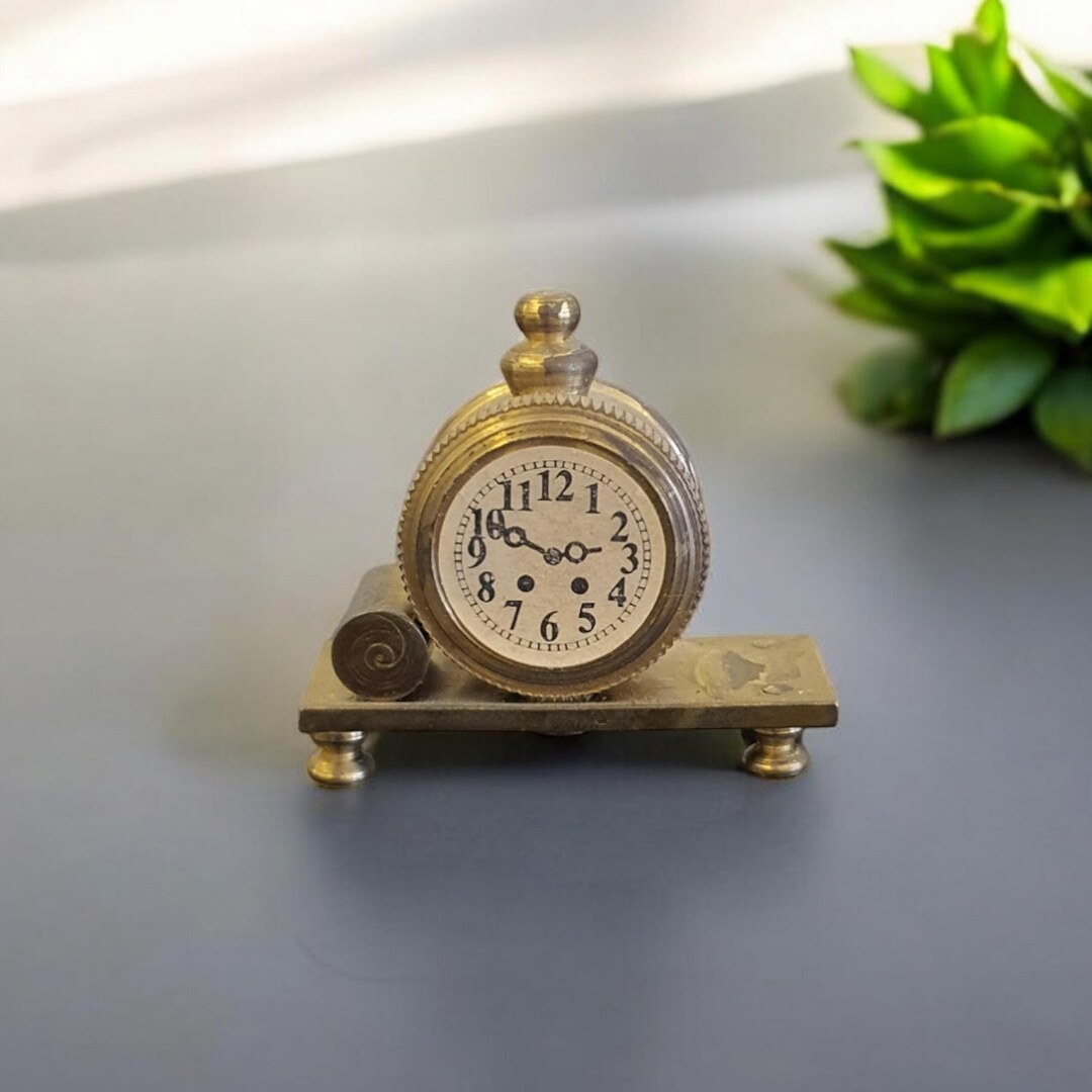 Antique Brass Clock Figurine - Miniature Brass Desk Ornament - Office ...