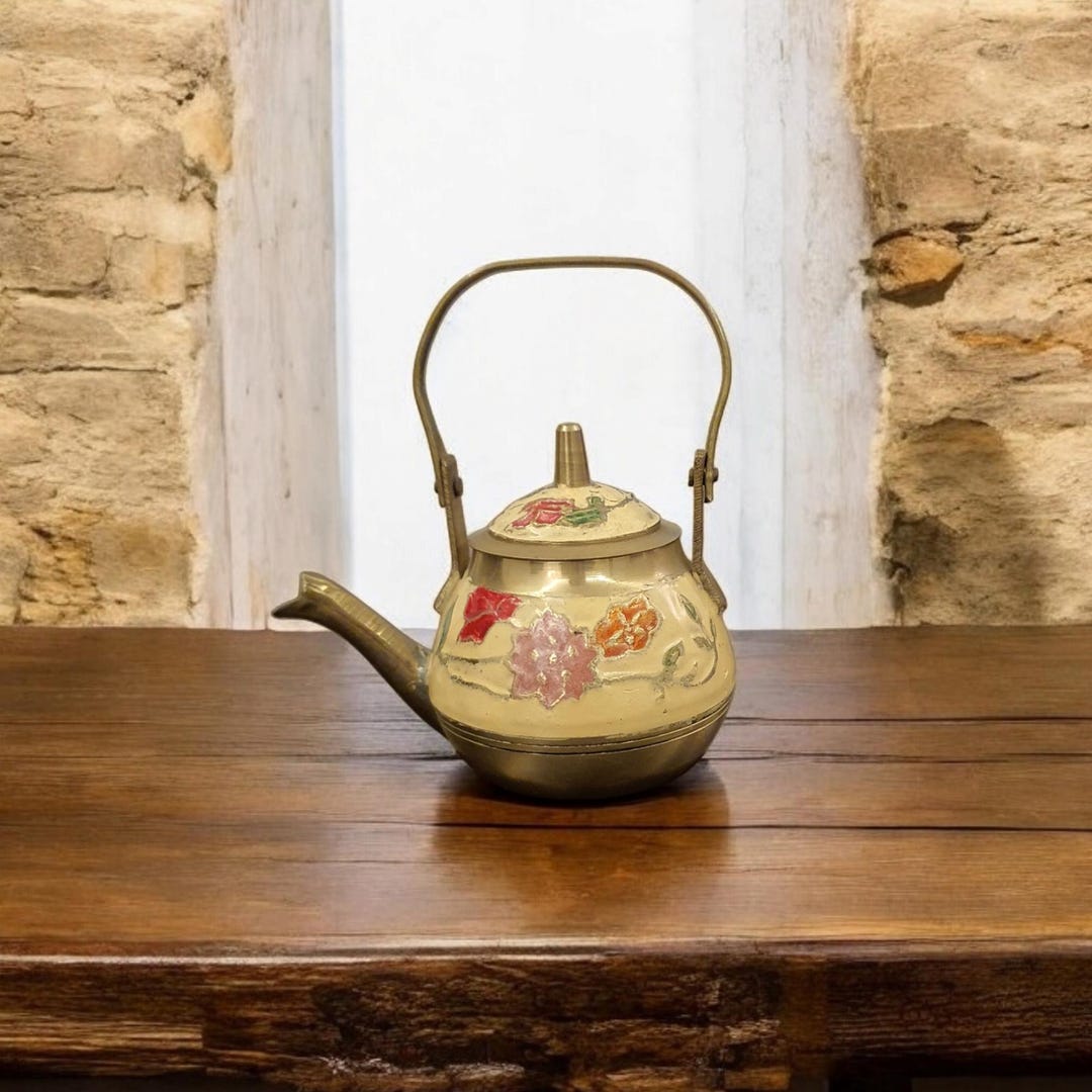 Vintage Brass Mini Teapot – Floral Design Enamelled Brass Teapot ...