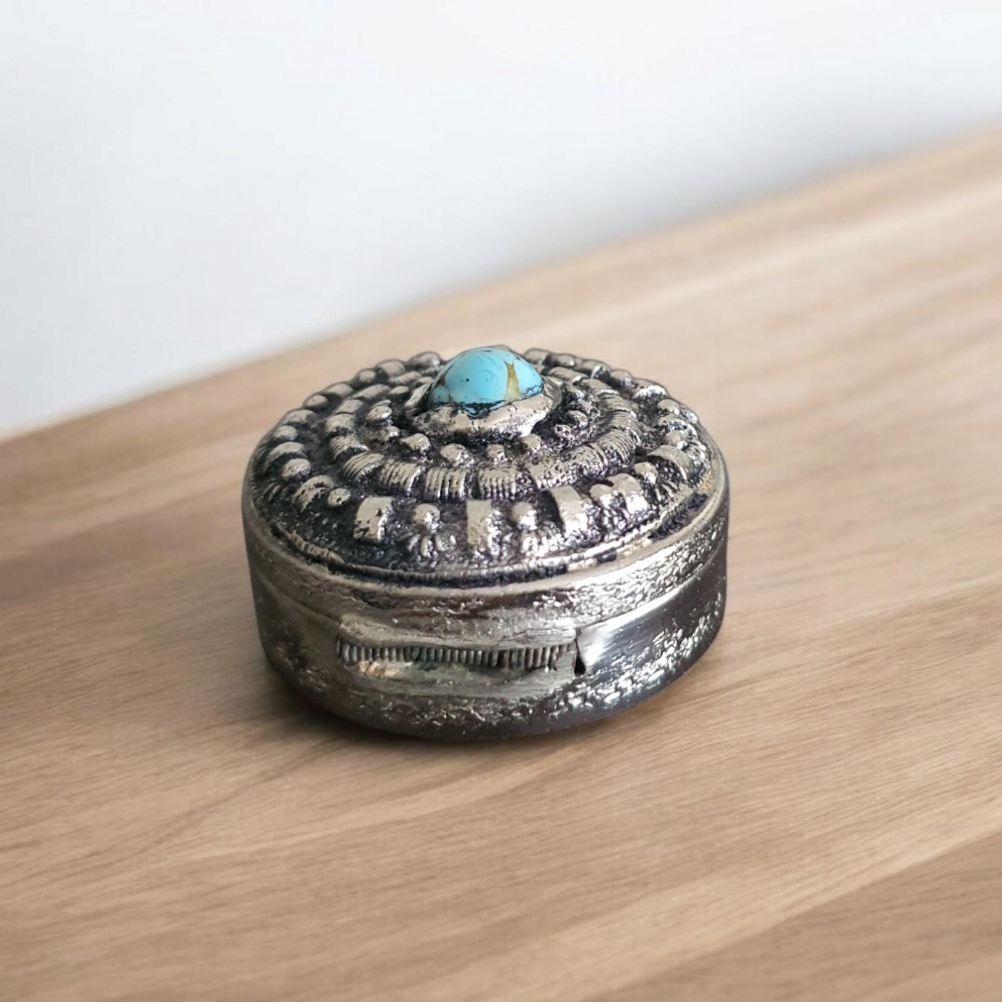 Vintage Pill Box With Turquoise Stone – Silver Color Pill Box – Retro ...