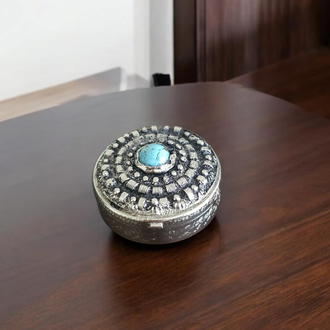Vintage Pill Box With Turquoise Stone – Silver Color Pill Box – Retro ...