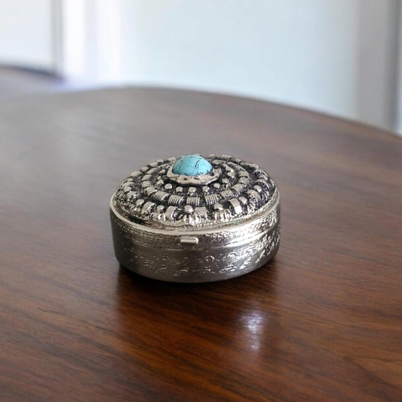 Vintage Pill Box With Turquoise Stone – Silver Color Pill Box – Retro ...