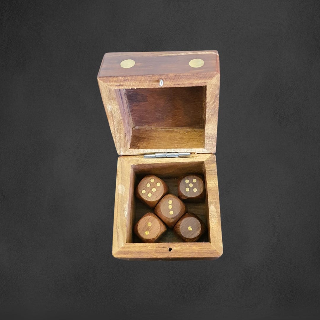 Hand Carved Wooden Dice With Box – Vintage Brass Inlay Dice Set With 5 ...
