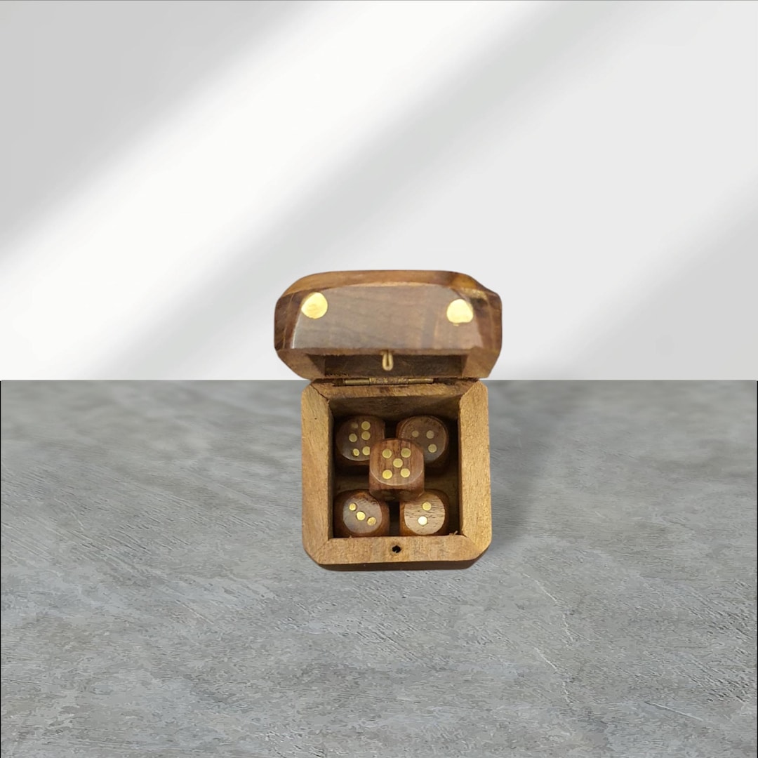 Hand Carved Wooden Dice With Box – Vintage Brass Inlay Dice Set With 5 ...