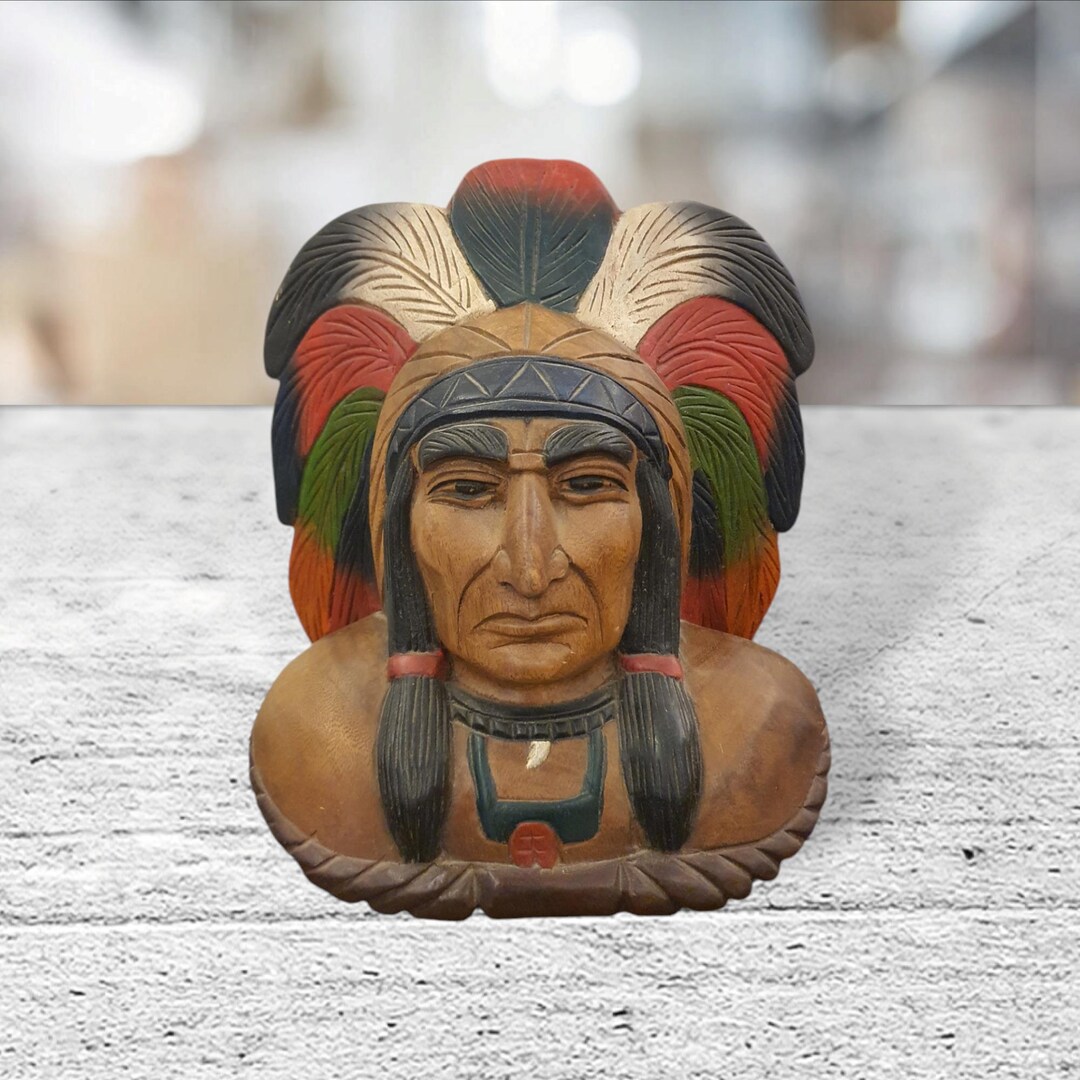 Hand Carved Indian Chief Head Bust Figurine Vintage Native American ...