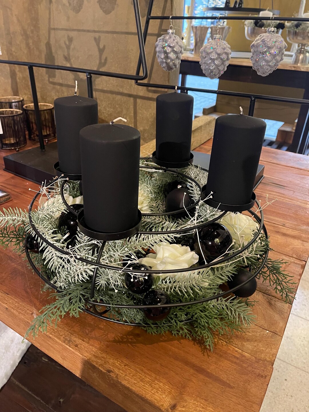 Advent Wreath D40cm Black Matt Metal Fir Mixed Glass Ball Advent ...