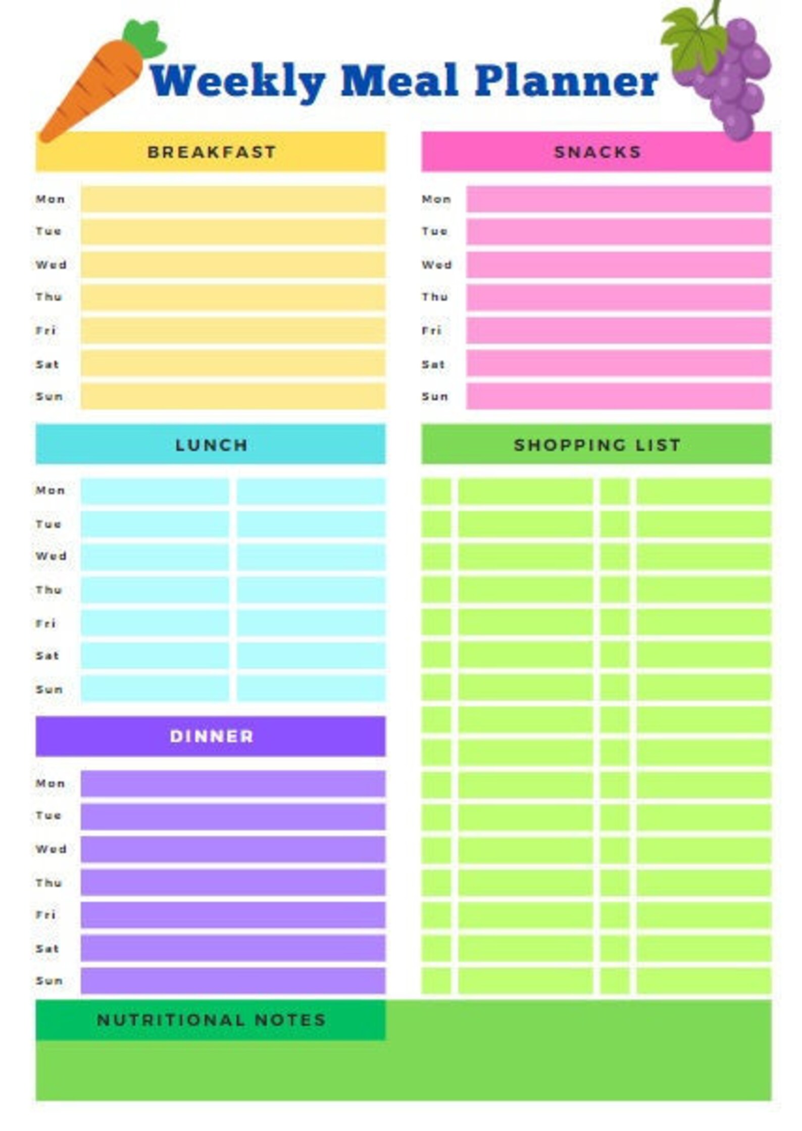 Weekly Meal Planner & Shopping/grocery List With Lifestyle and Health ...