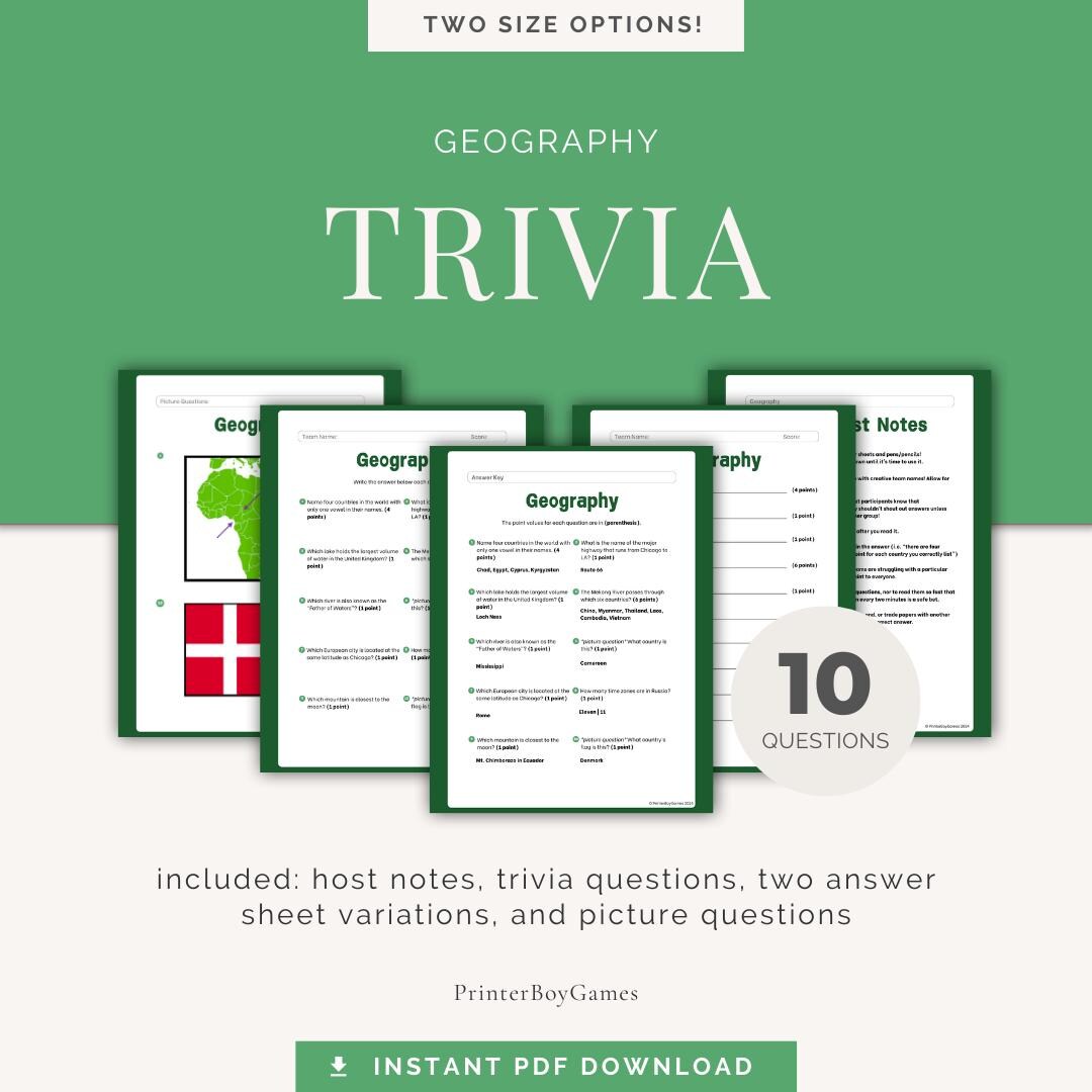 Geography Trivia Night | 10 Questions With Quiz and Answer Sheets ...