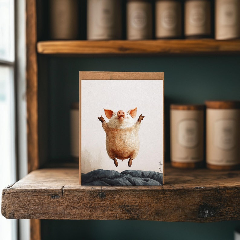 Pig Jumping on the Bed Card | Pig Illustration Greeting Card | A2 Size ...