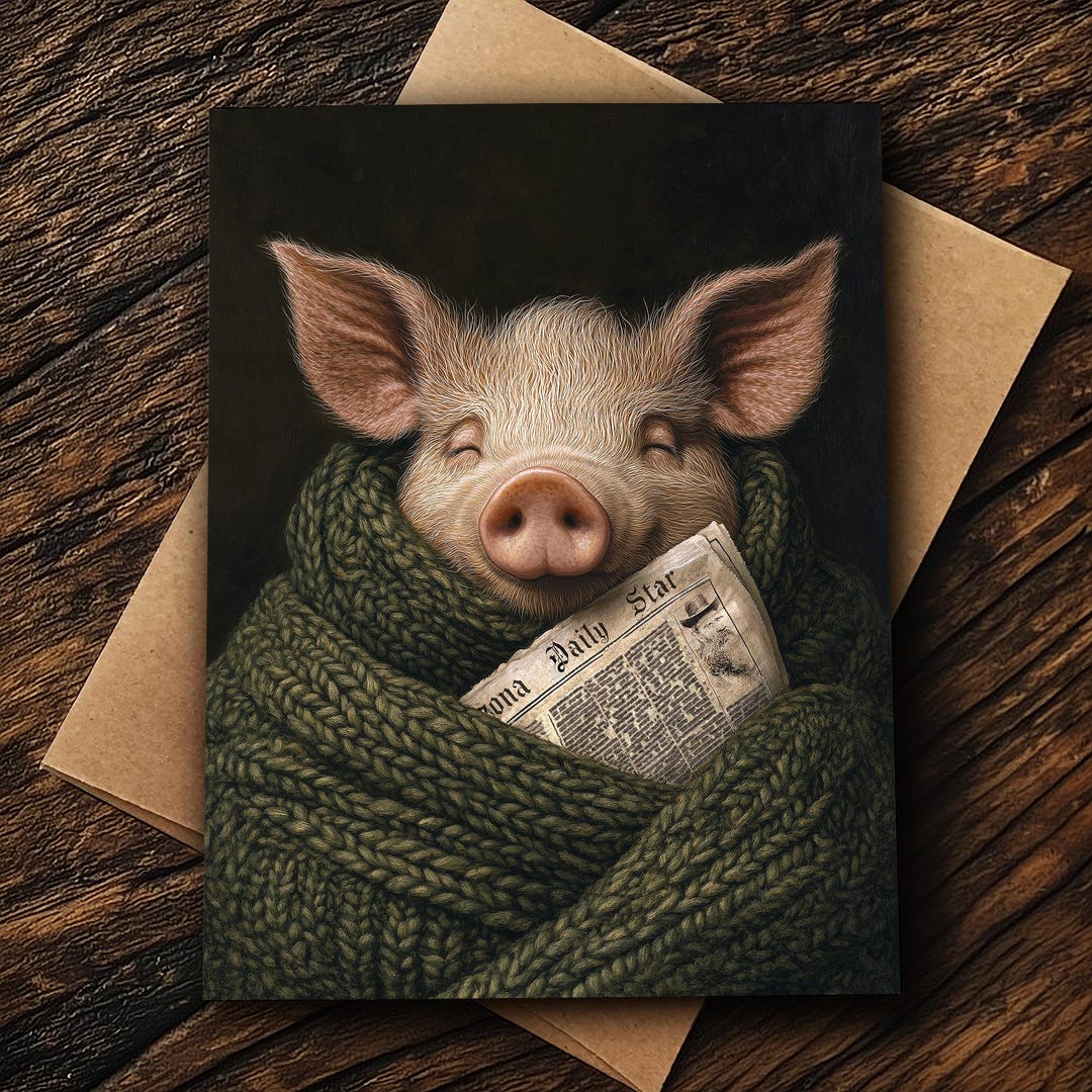 Pig in Scarf Greeting Card: Whimsical Animal Illustration - Etsy
