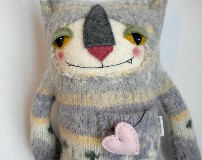 Felted Wool Stuffed Animal Cat Icelandic Sweater Upcycled - Etsy