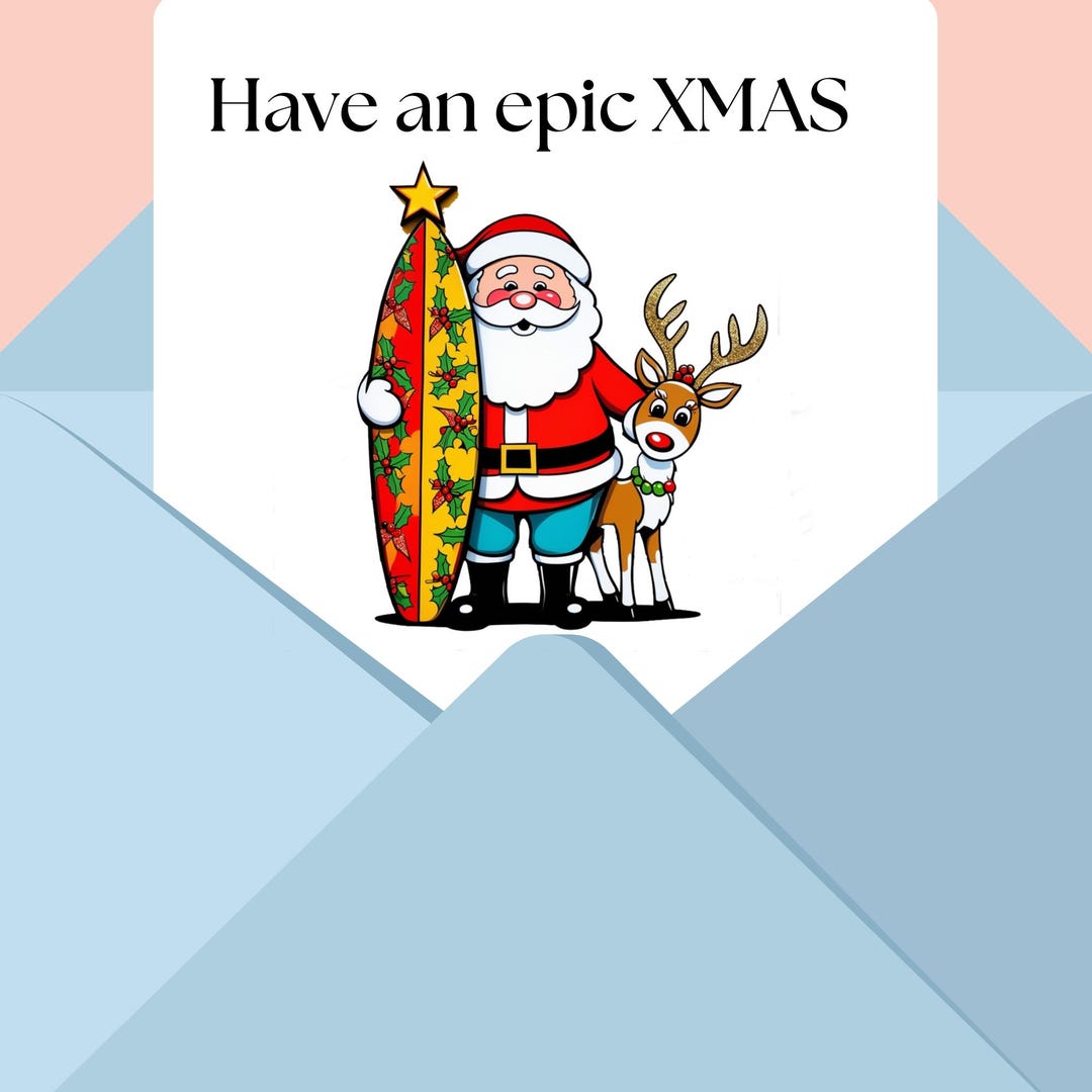 Santa Surfboard Clipart Santa With Surfboard and Rudolph PNG for ...