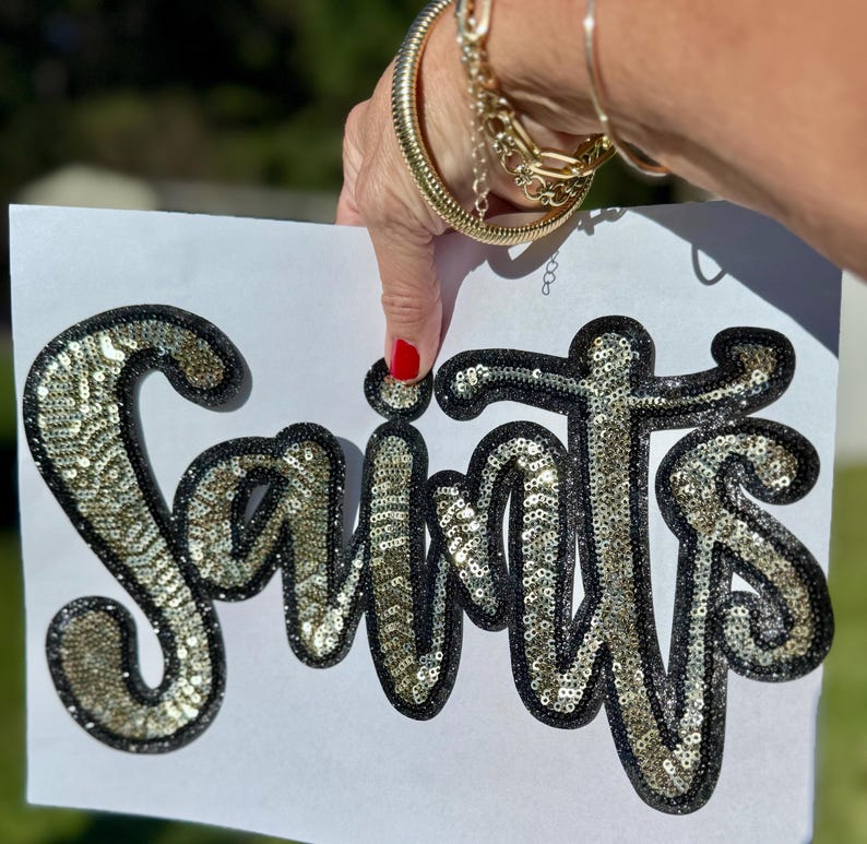 Sequin Script Saints Patch: Black Glitter Iron on Applique, School ...
