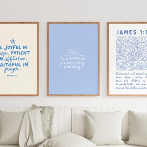 Set of 3 Christian Wall Art Blue Bible Verse Wall Art Scripture Wall ...