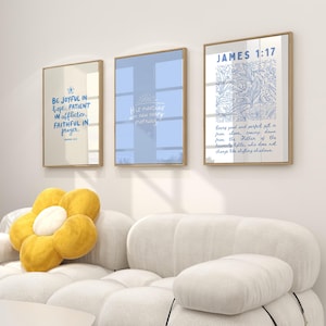 Set of 3 Christian Wall Art Blue Bible Verse Wall Art Scripture Wall ...