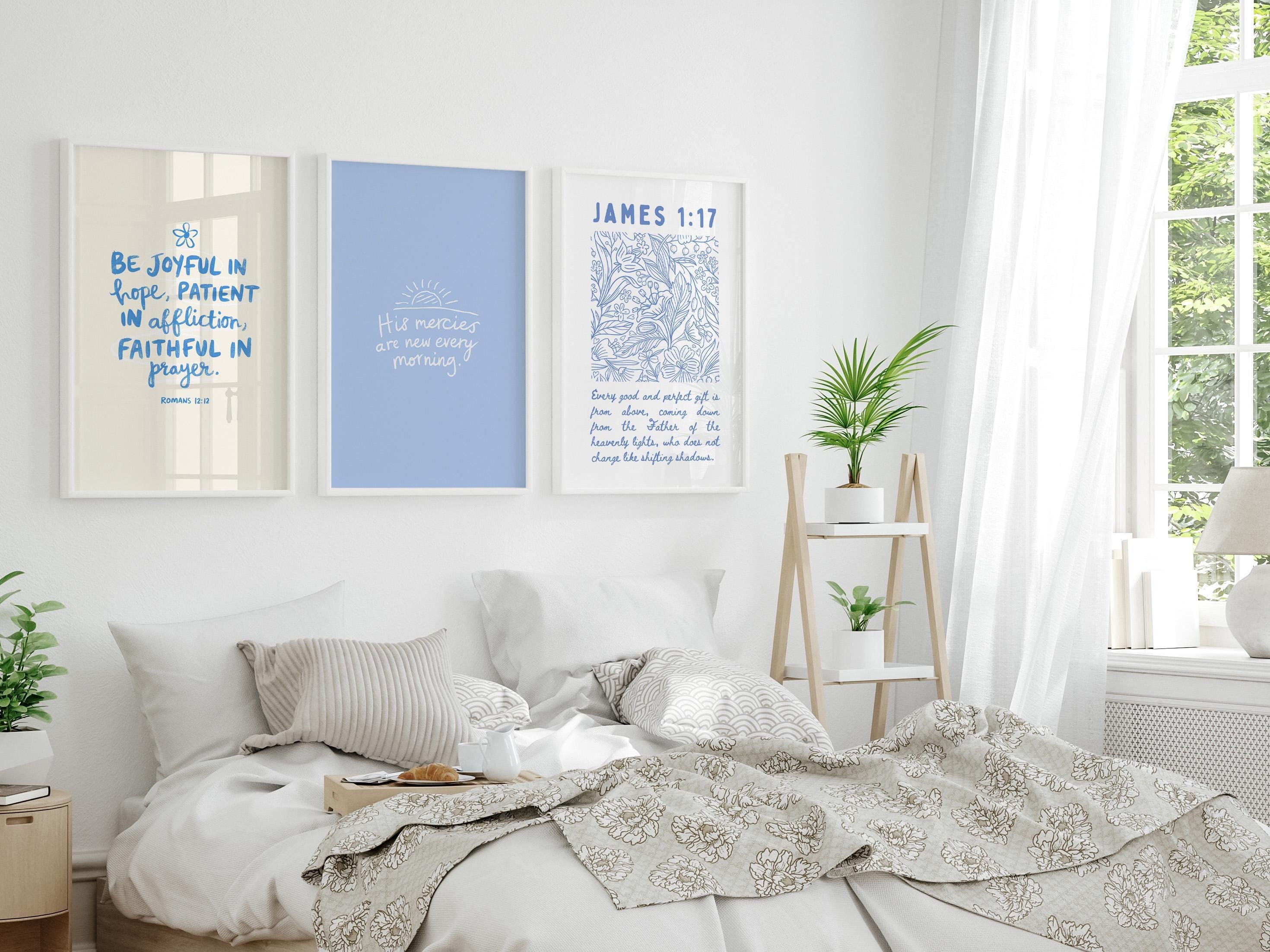 Set of 3 Christian Wall Art Blue Bible Verse Wall Art Scripture Wall ...