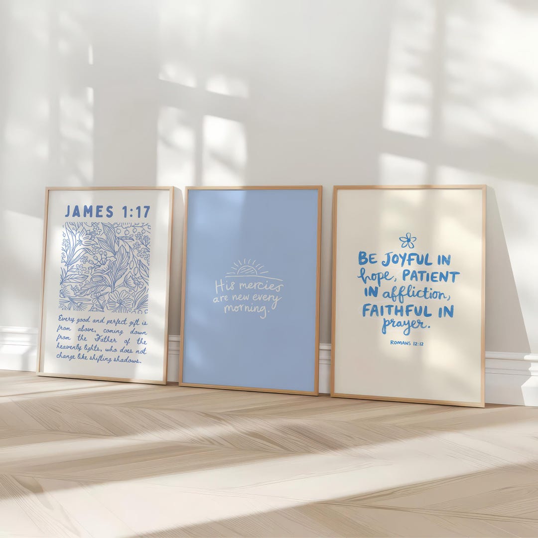 Set of 3 Christian Wall Art Blue Bible Verse Wall Art Scripture Wall ...