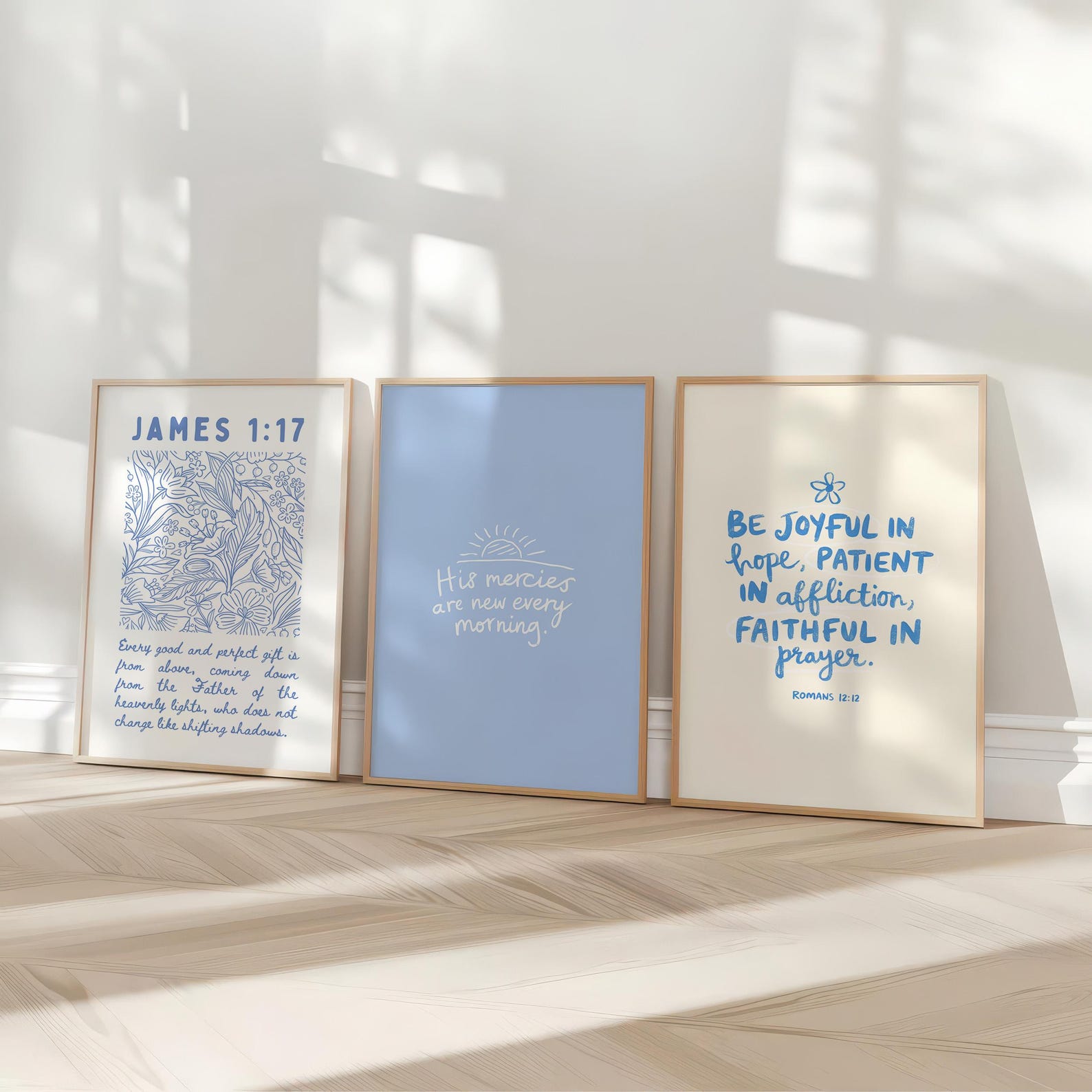 Set of 3 Christian Wall Art Blue Bible Verse Wall Art Scripture Wall ...