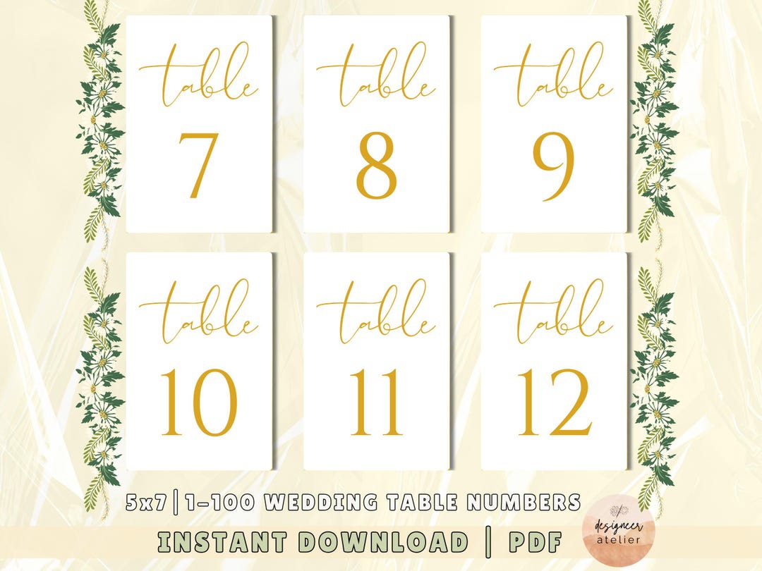 Gold Wedding Table Numbers Printable 5x7 Table Numbers Luxury Wedding ...