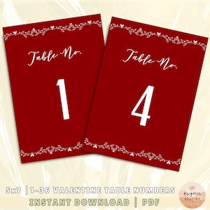 Red Table Numbers Printable 5x7 Table Numbers Valentines Wedding ...