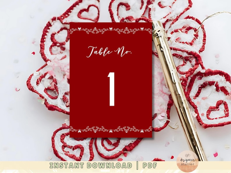 Red Table Numbers Printable 5x7 Table Numbers Valentines Wedding ...