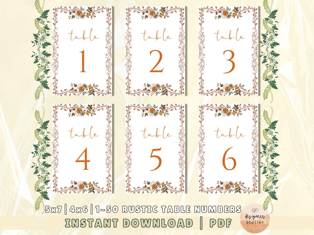Rustic Table Numbers Printable 5x7 Fall Table Numbers 4x6 Luxury ...