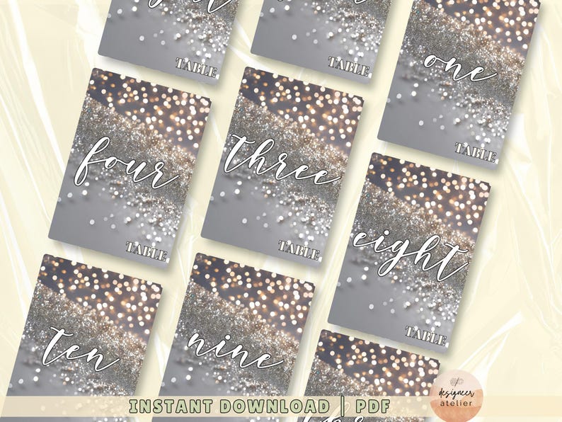 Silver Table Numbers Printable Modern Table Numbers Sign Elegant Table ...