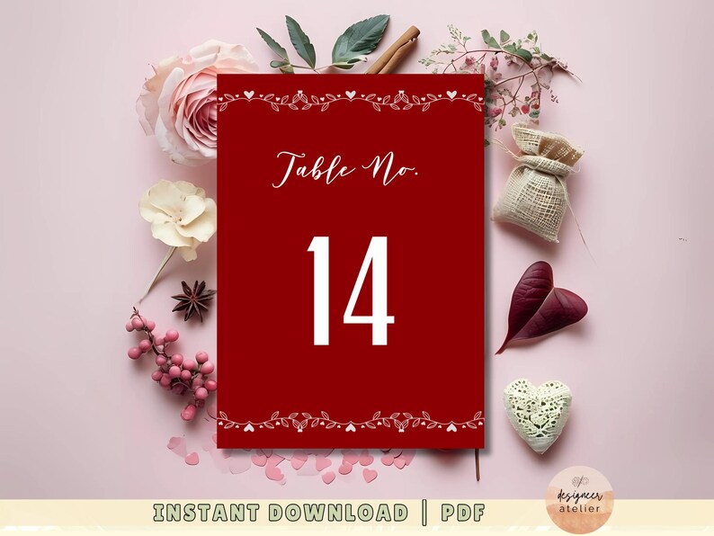 Red Table Numbers Printable 5x7 Table Numbers Valentines Wedding ...