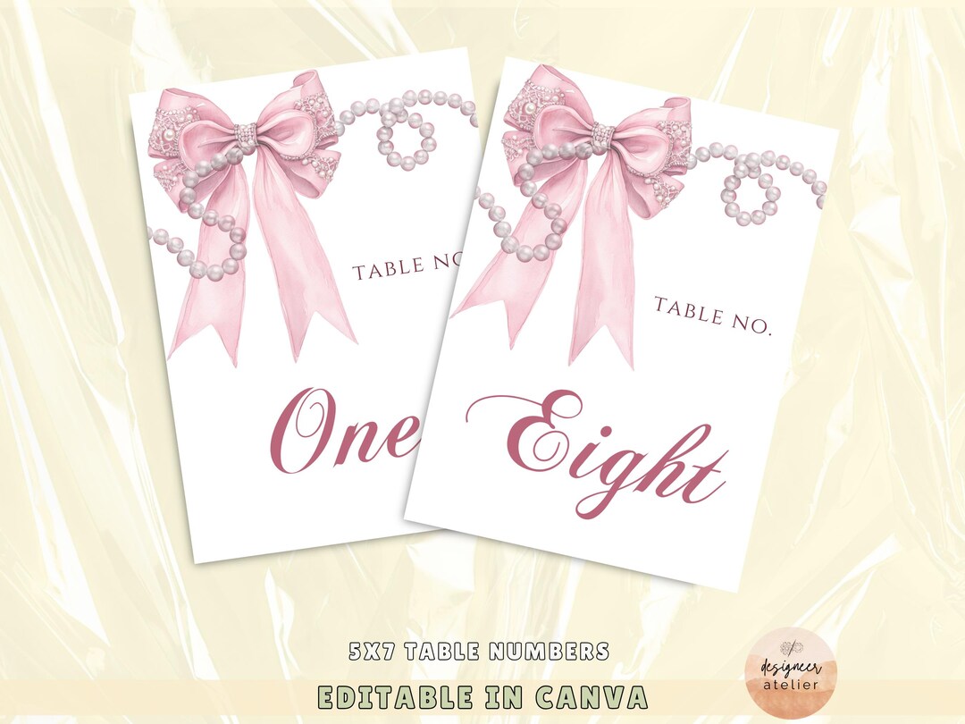Pearl and Bow Table Numbers Baby Birthday Table Numbers Pink Baptism ...